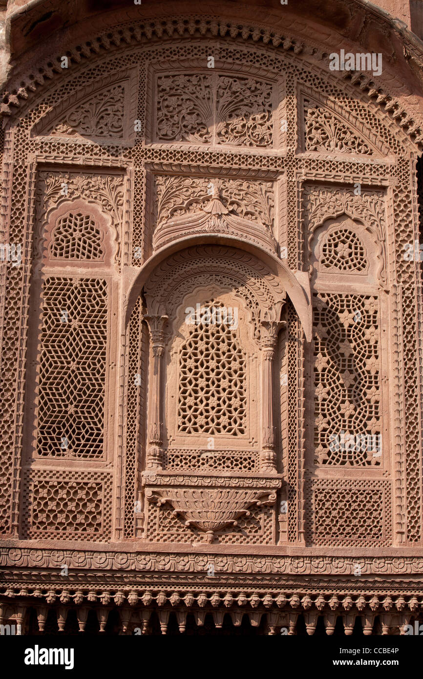 Views of sandstone carved lattice work details and architecture, inside ...