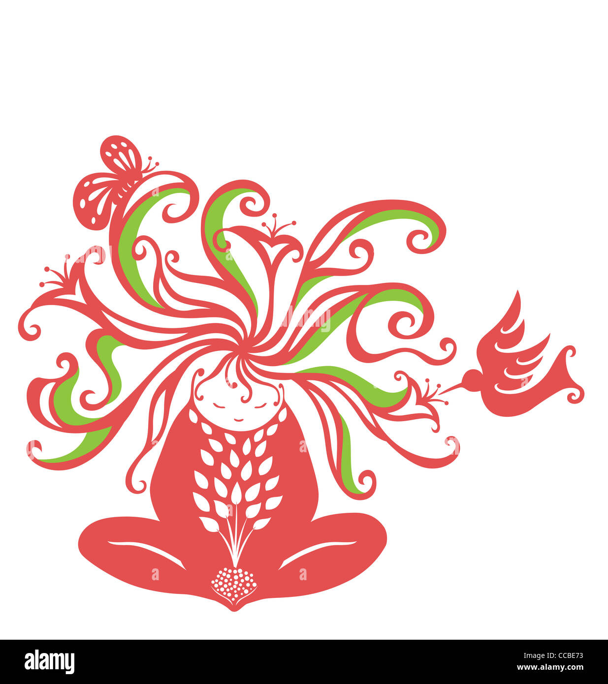 A woman sitting in nature meditating with bird and butterfly around ...