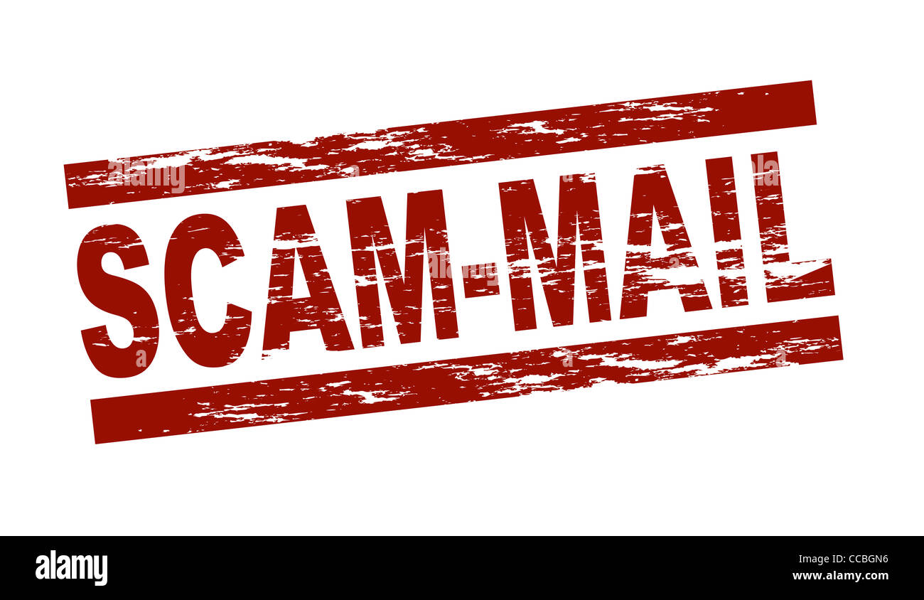 Stylized red stamp showing the term scam-mail. All on white background ...