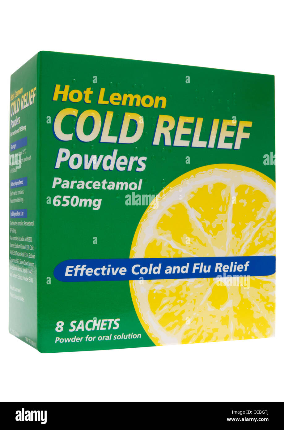 Box of lemon cold relief powders on white background Stock Photo - Alamy