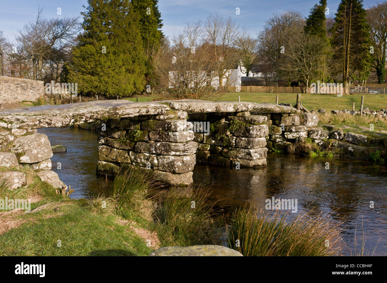 Medieval Clapper bridge, constructed from granite slabs, over the ...