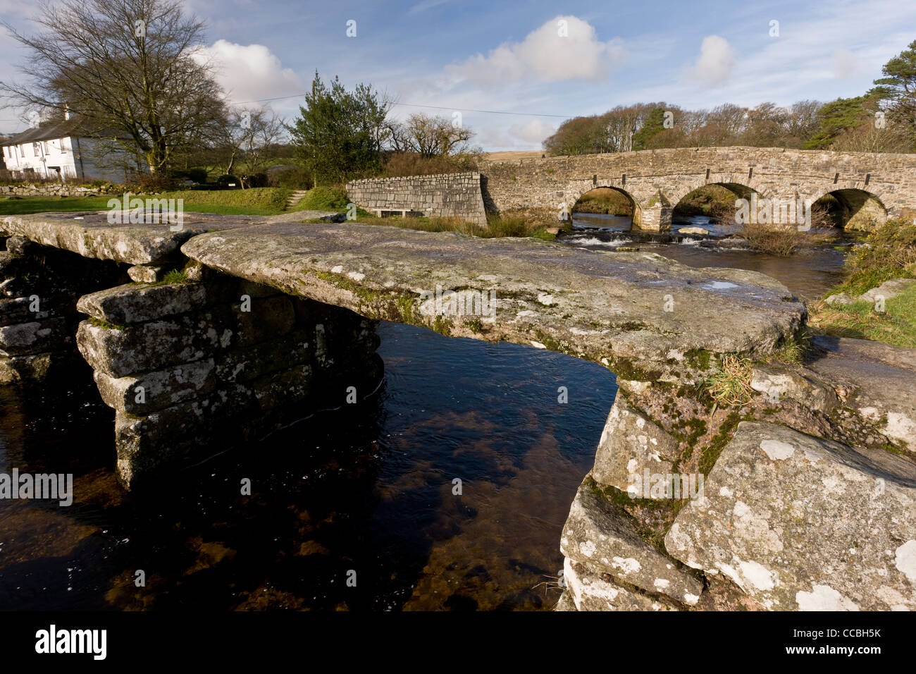 Medieval Clapper bridge, constructed from granite slabs, over the ...