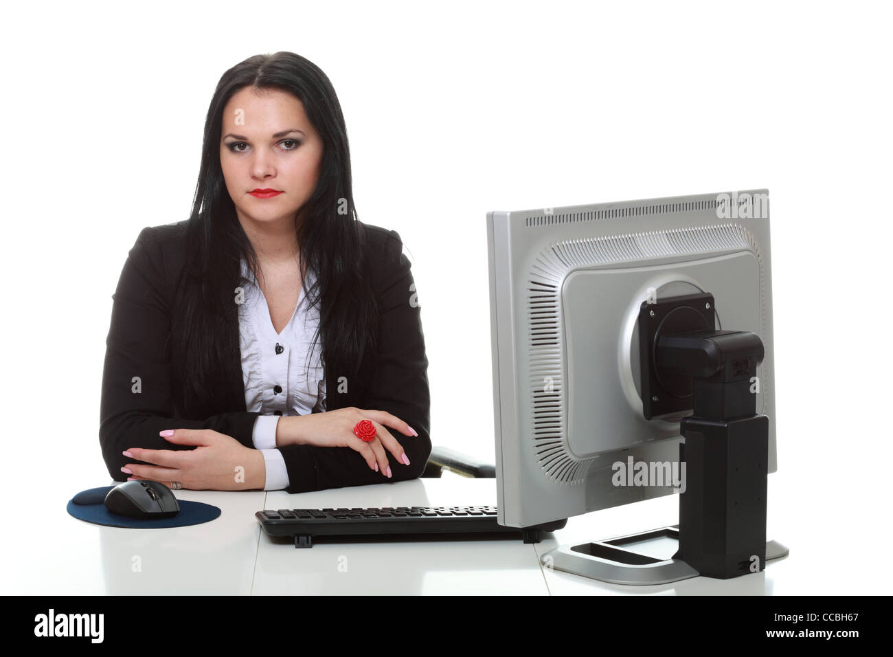 modern business woman with headset microphone sitting at office desk ...