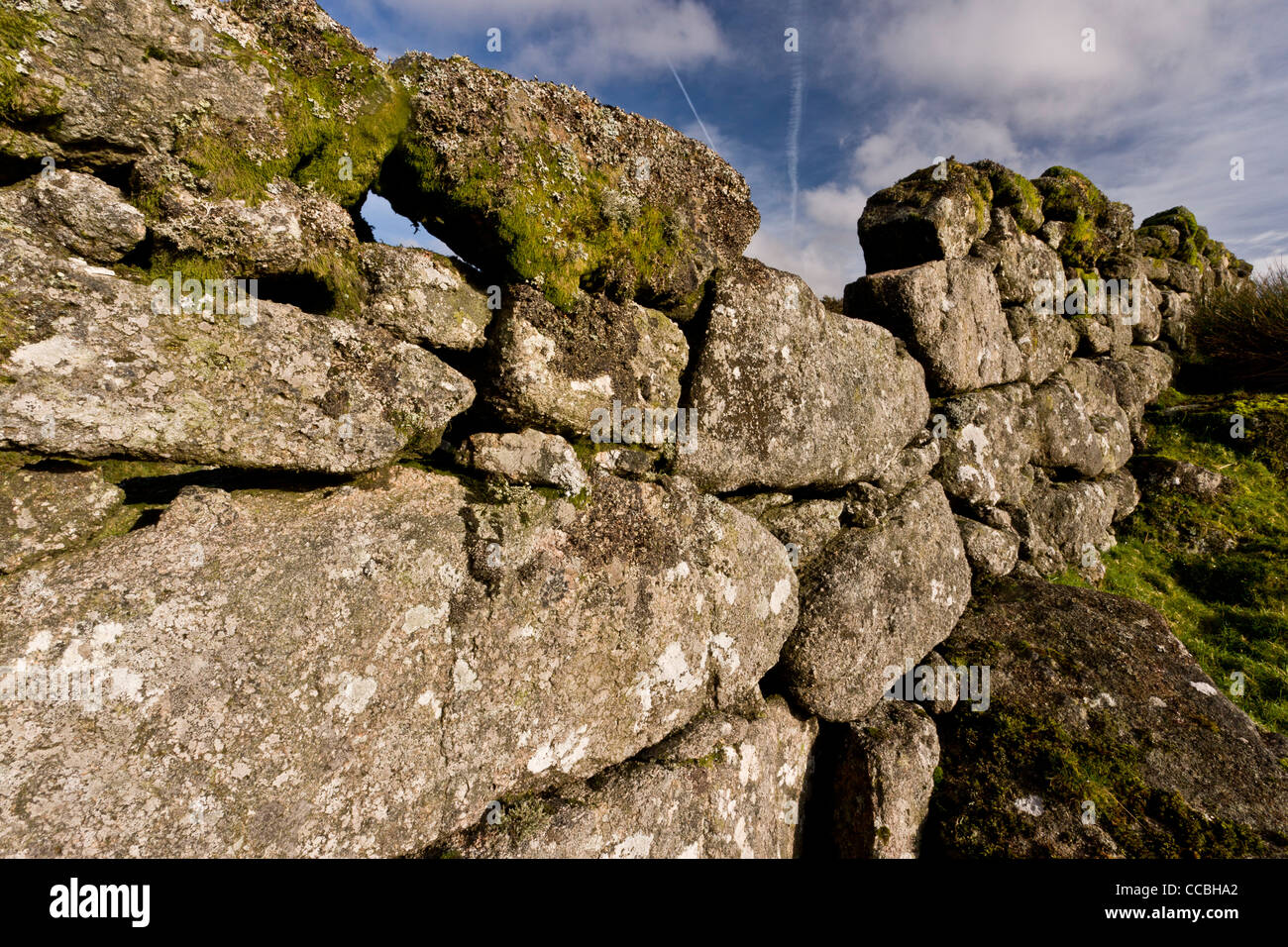 Old granite wall on moorland, West Dart Valley, Dartmoor, Devon Stock ...