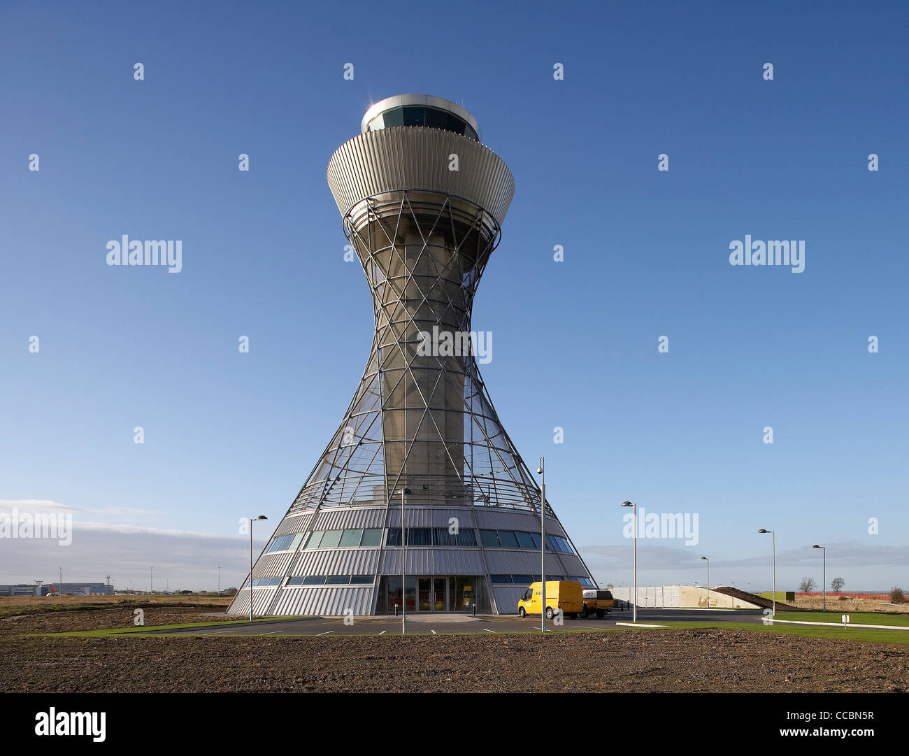 NEWCASTLE AIRPORT CONTROL TOWER TOWER LOOMING WITH GARDED BLUE Stock ...