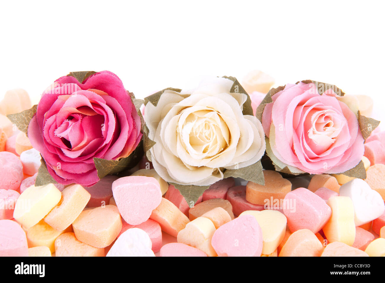 Pink roses on colorful candy hearts Stock Photo - Alamy