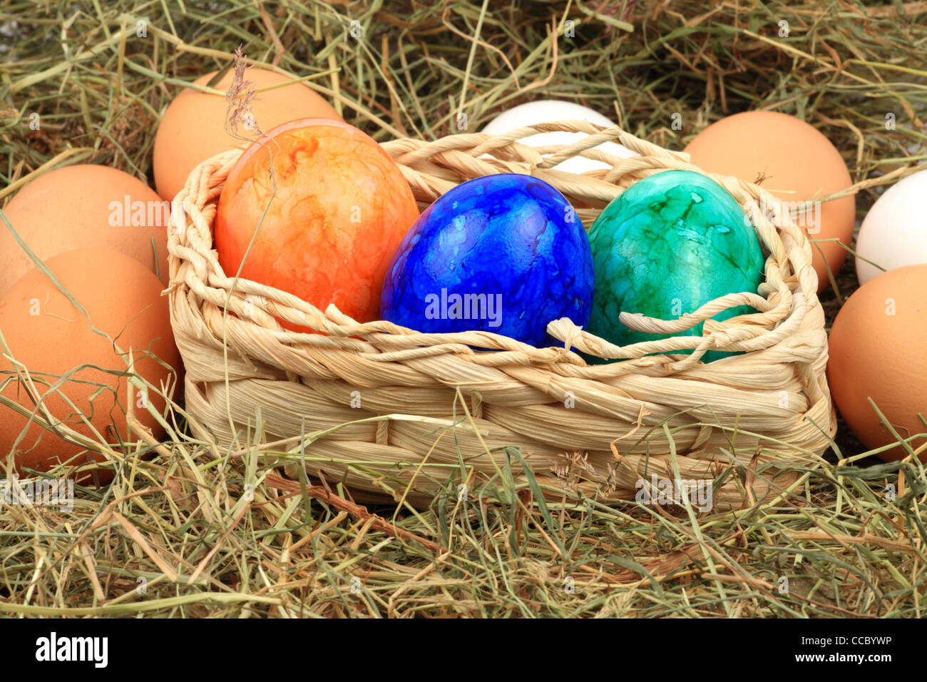 Basket with colorful Easter eggs in the hay Stock Photo - Alamy