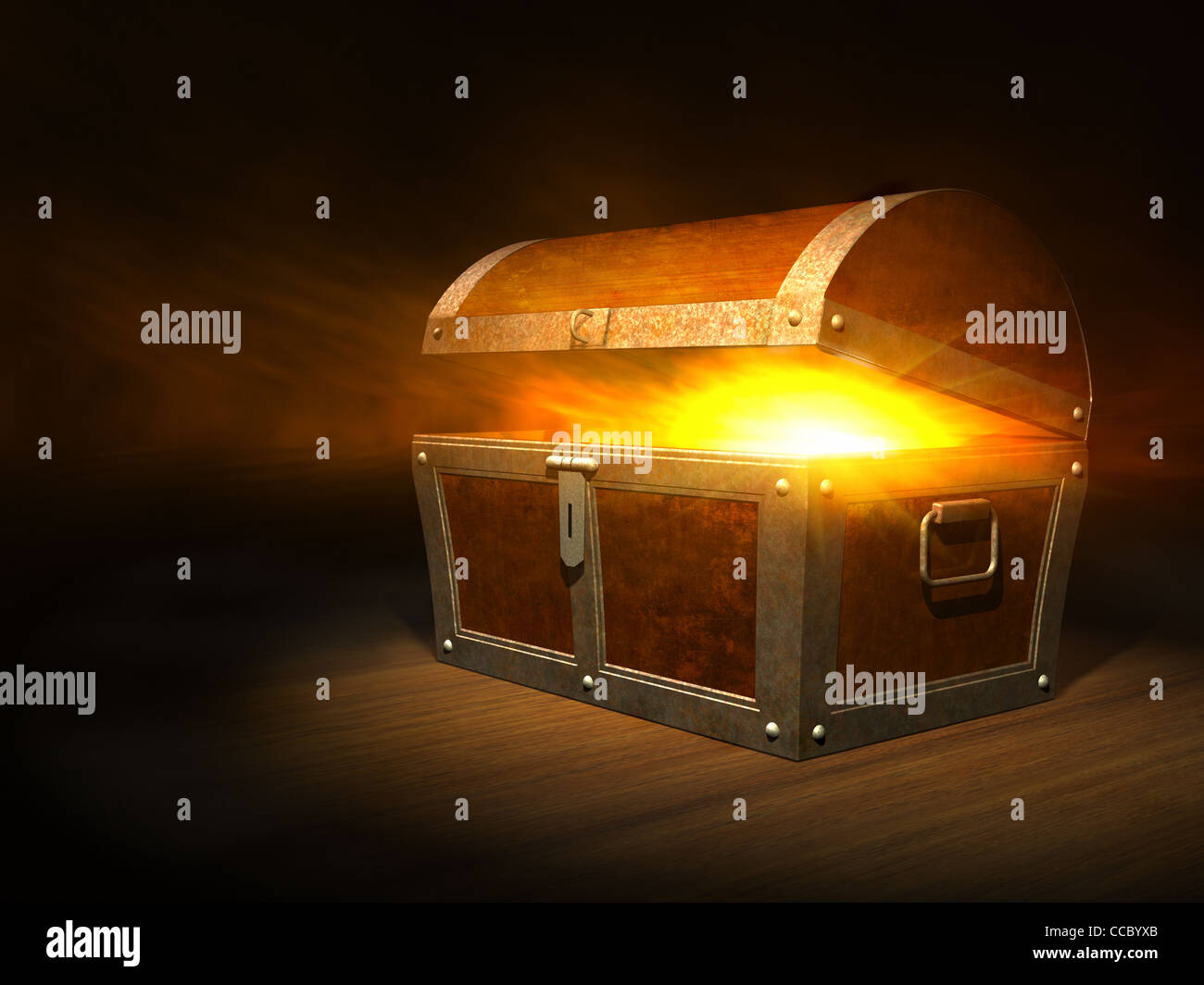 Old wooden treasure chest with strong glow from inside Stock Photo - Alamy