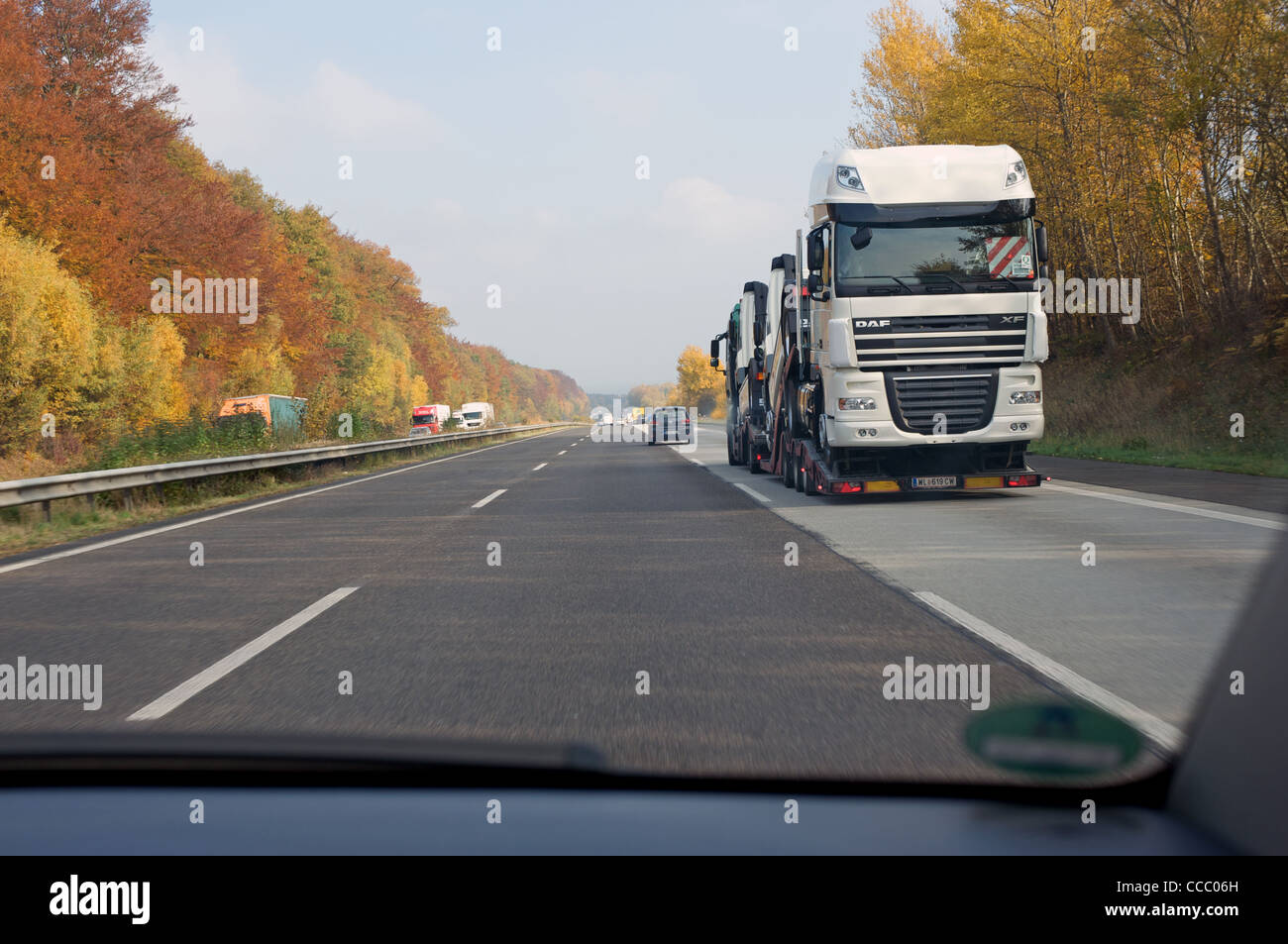 New DAF tracks being transported on a German motorway (autobahn Stock ...