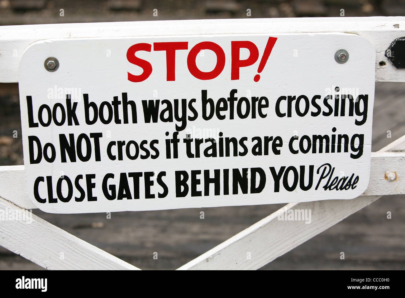 train warning sign great central railway Loughborough Stock Photo - Alamy
