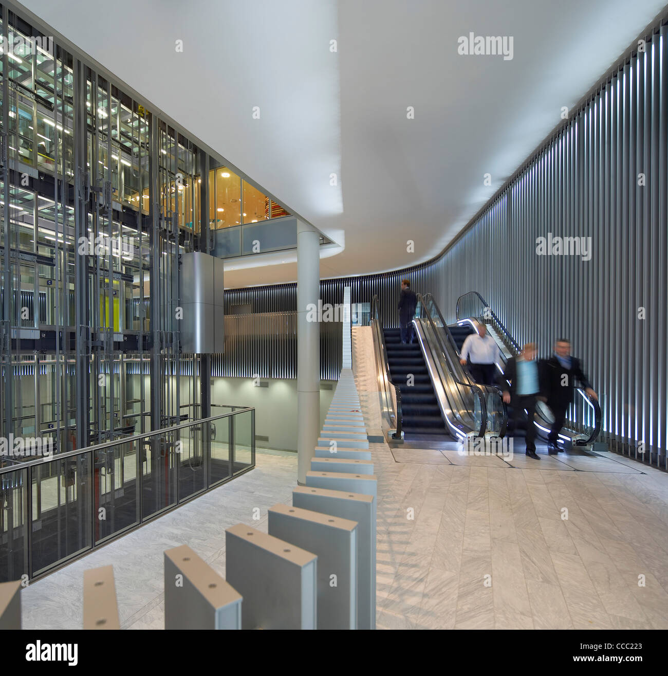 the st botolph building, grimshaw, london, 2010, lobby with escalators ...