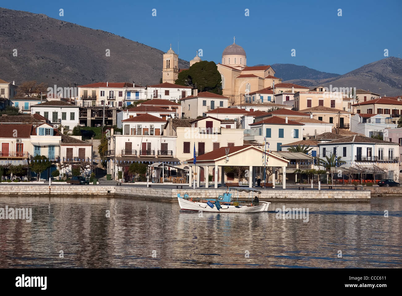 The waterfront of the historic and nautical town of Galaxidi, central ...