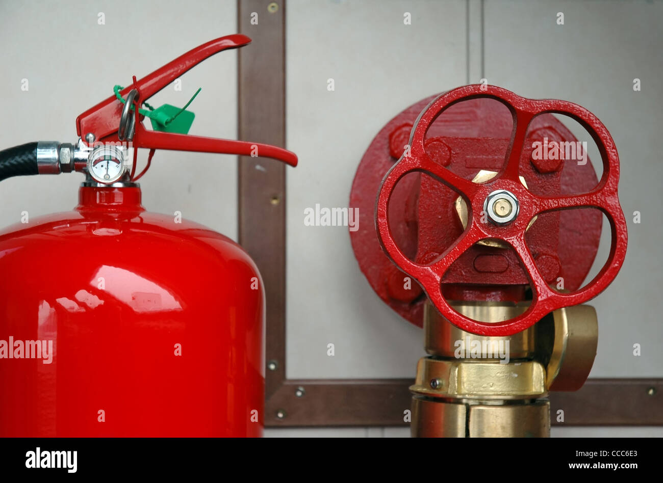 The red value open wheel handle and fire extinguisher Stock Photo - Alamy