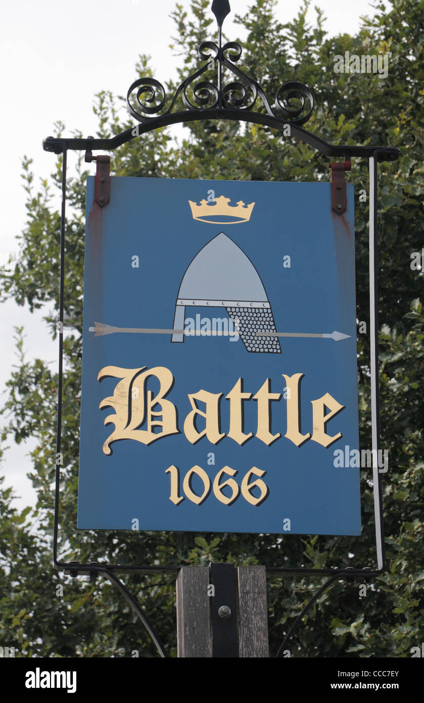 Historic looking road sign as you enter Battle town centre, site of the ...
