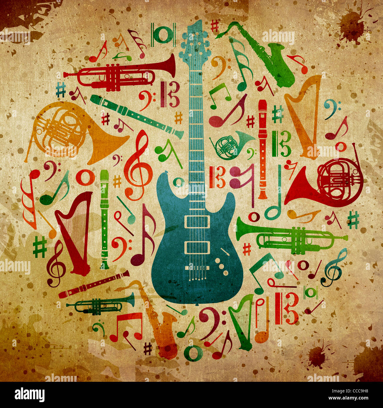 Multicolored music instruments silhouette in circle shape. Vintage ...