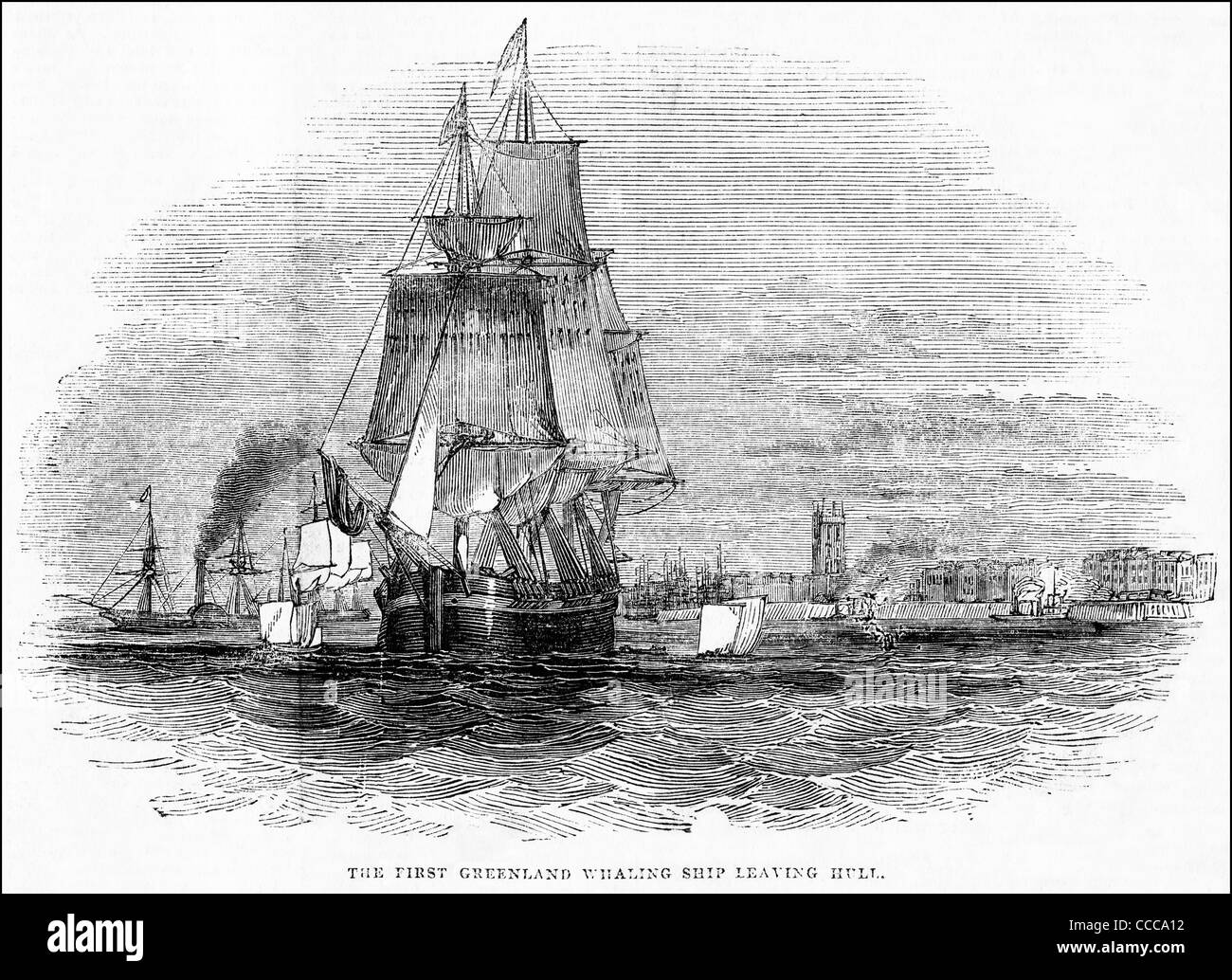 Victorian engraving circa 1844 of whaling ship leaving the port of Hull ...