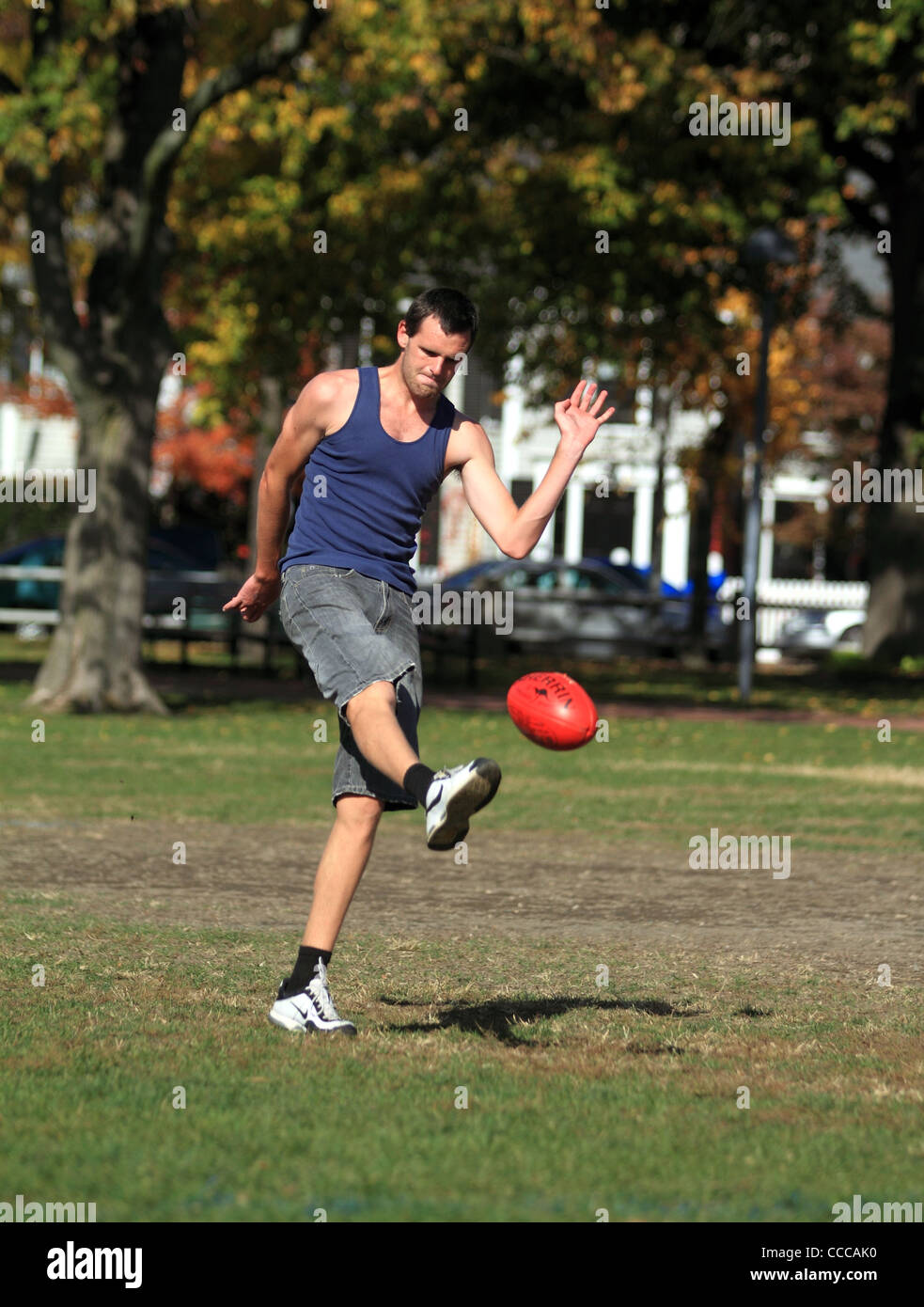 Young man kicking a rugby ball on Cambridge Common in Cambridge ...