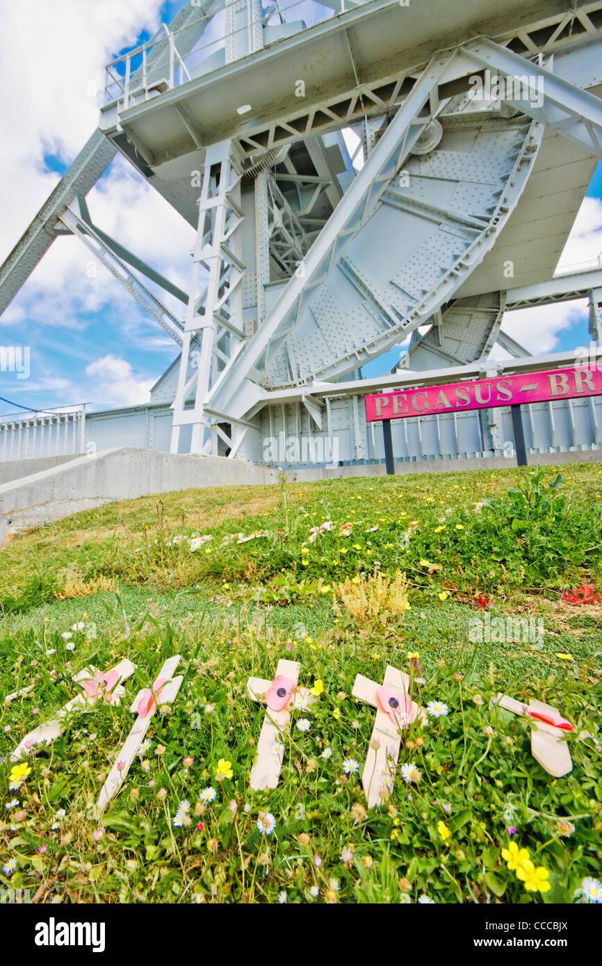 Memorial crosses at Pegasus Bridge, Taken by British airborne forces ...