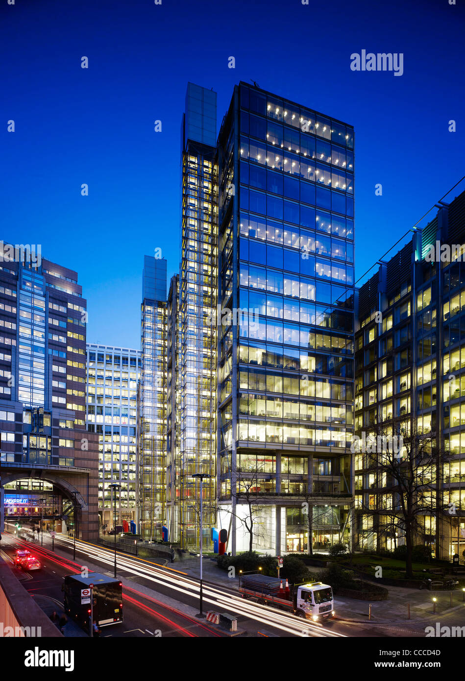 88 wood street, richard rogers, london 2001, dusk view of the northwest ...