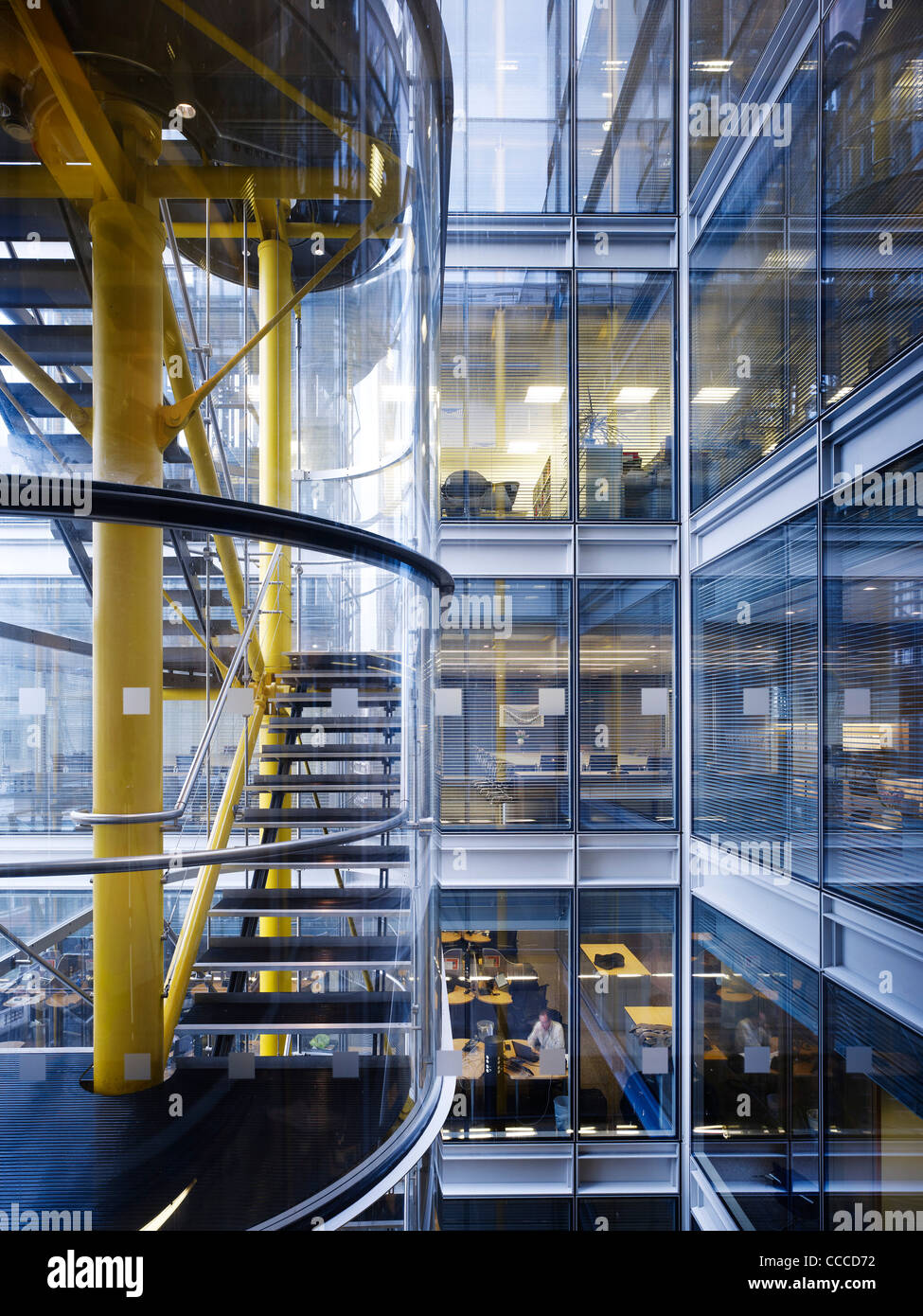 88 wood street, richard rogers, london 2001, view of staircase and ...