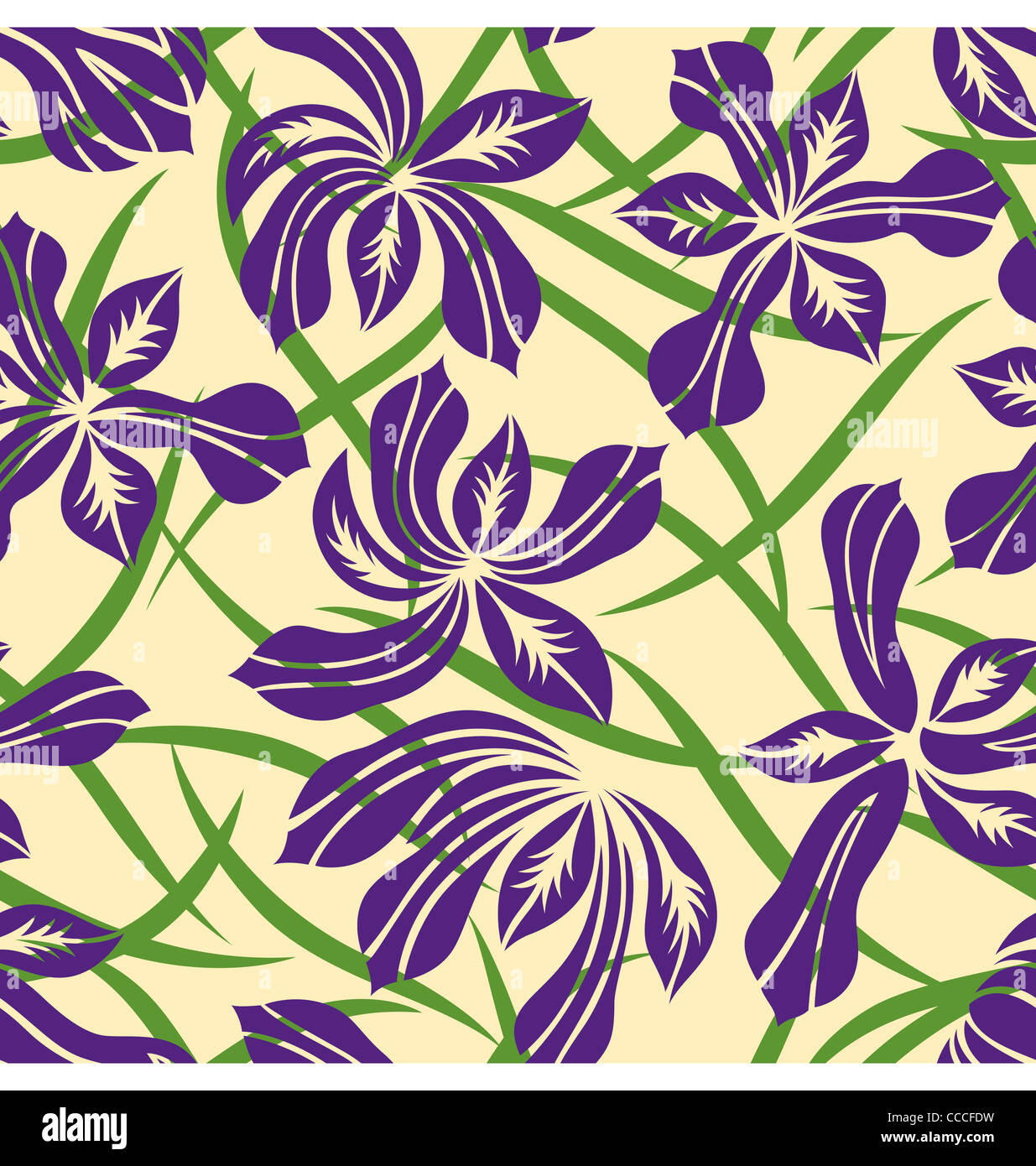 A seamless pattern of purple flowers with long thin leaf as background ...