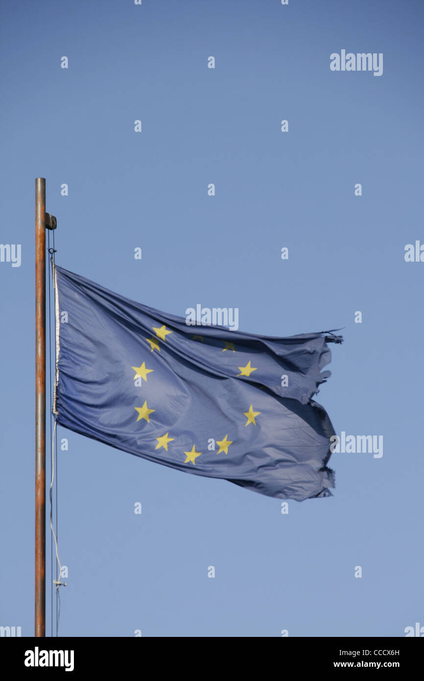 one european union flag flying in the wind in sun Stock Photo - Alamy