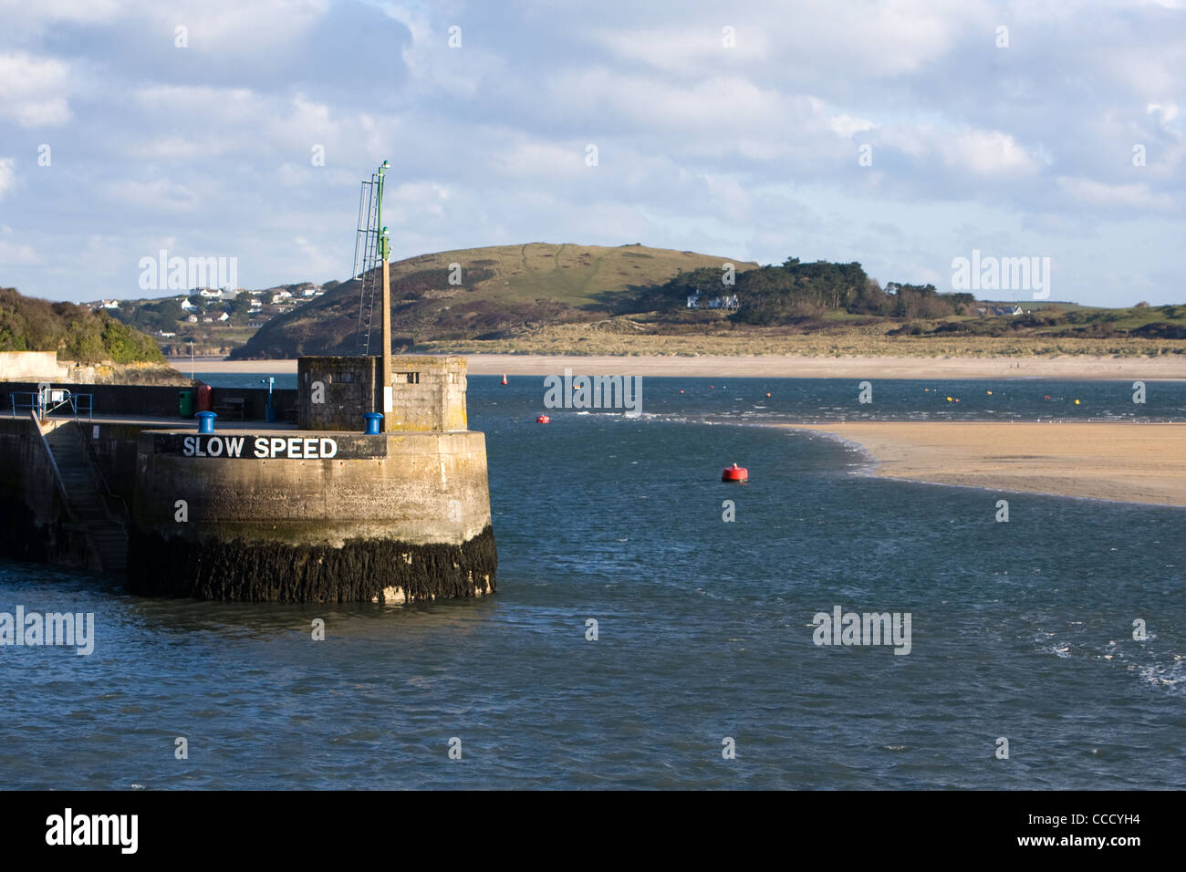 Padstow harbour walls, Cornwall looking out to the River Camel estuary ...