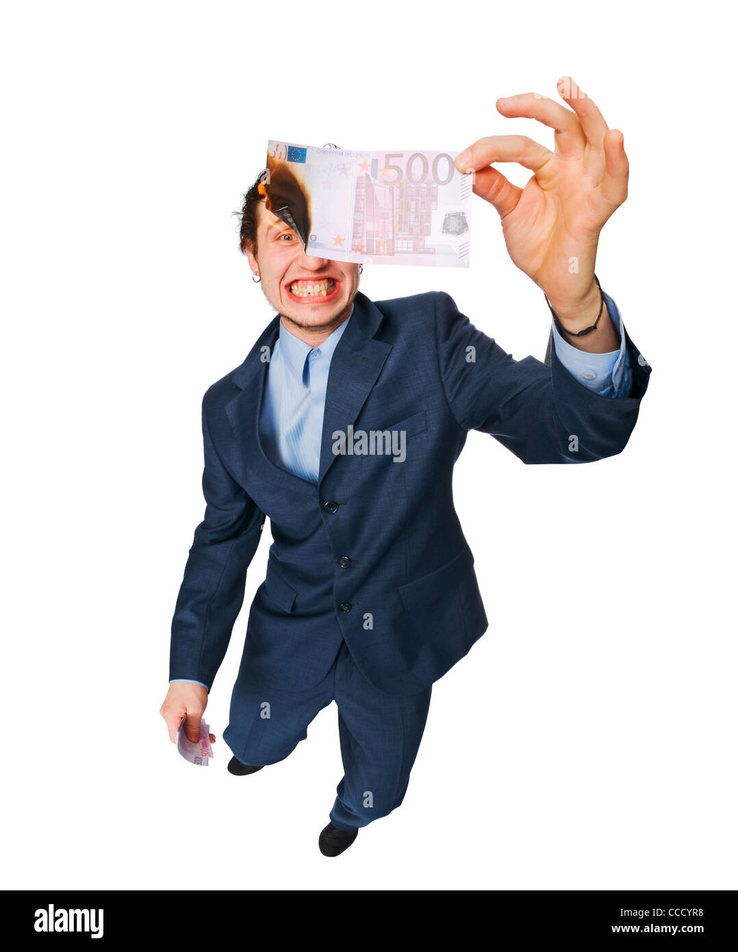 businessman setting banknote money on fire isolated on white Stock ...