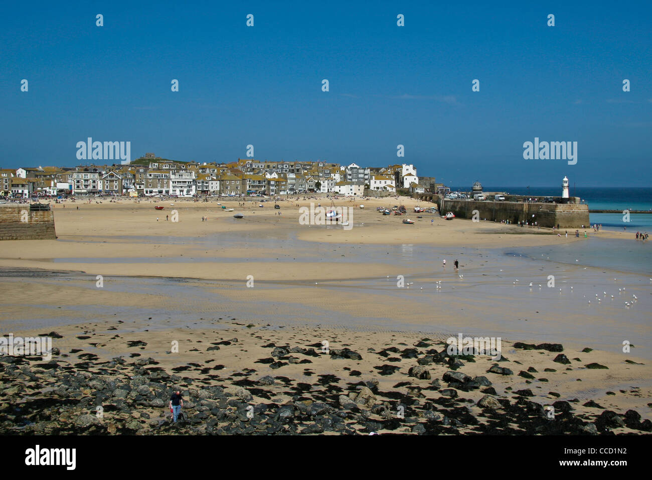 The harbour in St. Ives, Cornwall at low tide showing Smeaton's pier ...