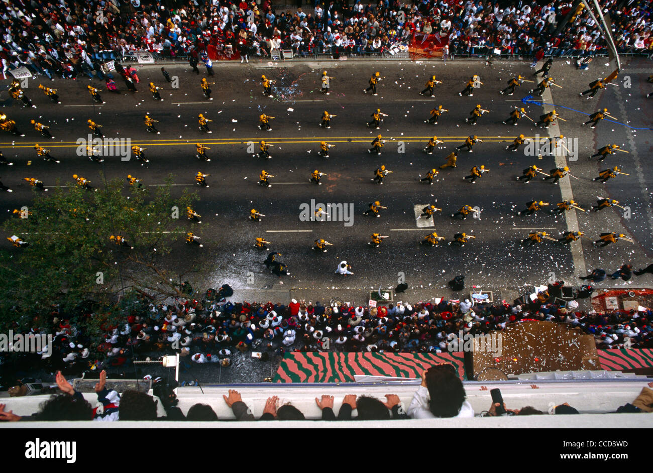 Aerial view of street parade through downtown Atlanta celebrating the ...
