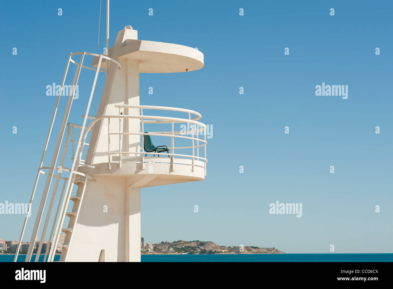 Concrete lifeguard watchtower over a sunny Mediterranean beach Stock ...