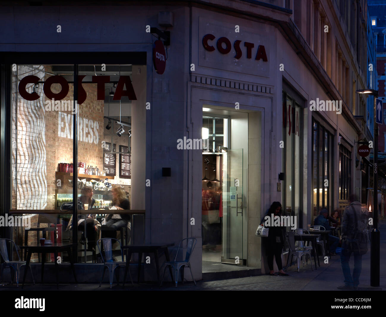 Street view, dusk - new style of Costa Coffee Interior - 'Metro style ...