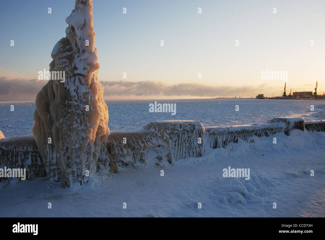 embankment of Lake Onega in the winter after the storm Russia Karelia ...