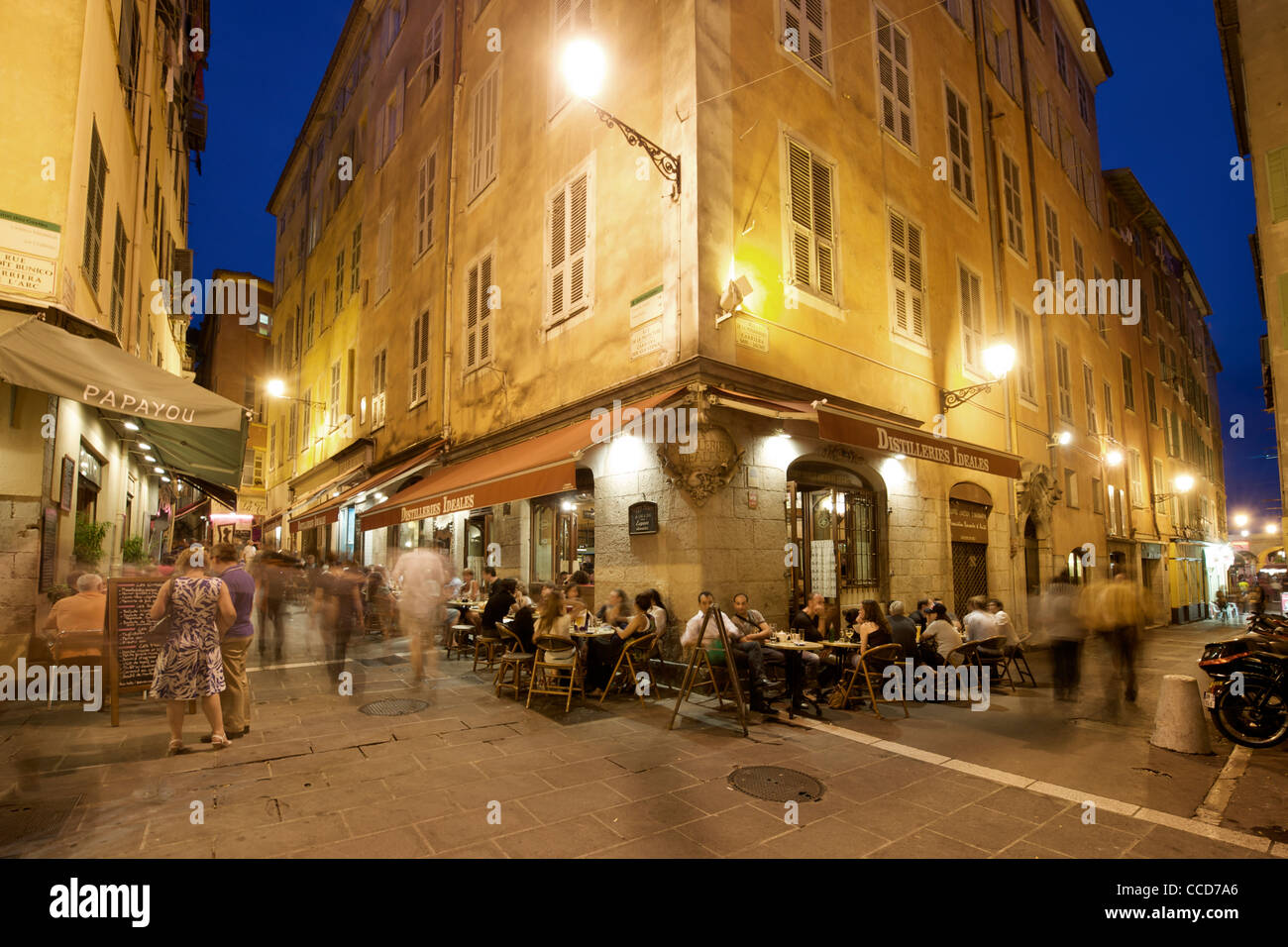 Night-time view of the streets and cafés in the old town of Nice on the ...