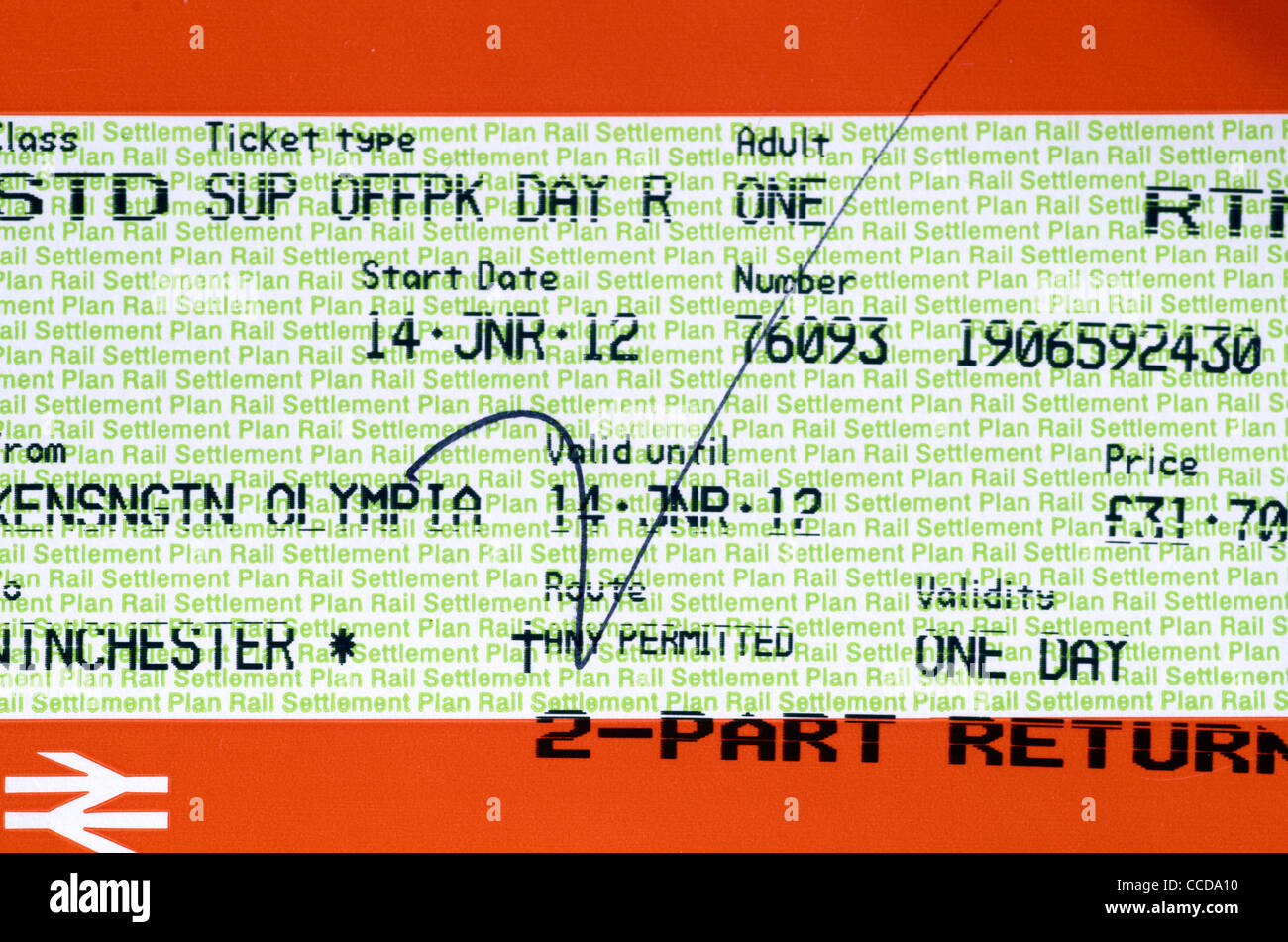 Train ticket showing ticket collectors checked mark Stock Photo - Alamy