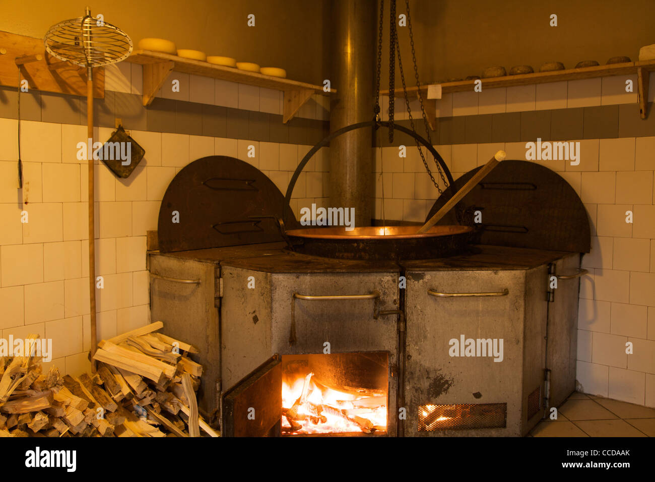 milk processing with hearth at pasture Arno`, Breguzzo valley, Adamello ...