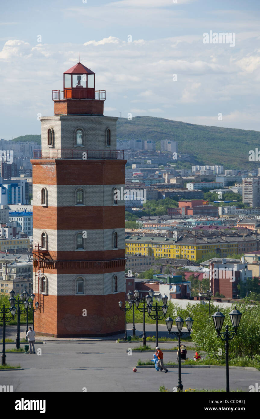 Russia, Murmansk. Largest city north of the Arctic Circle. Lighthouse ...