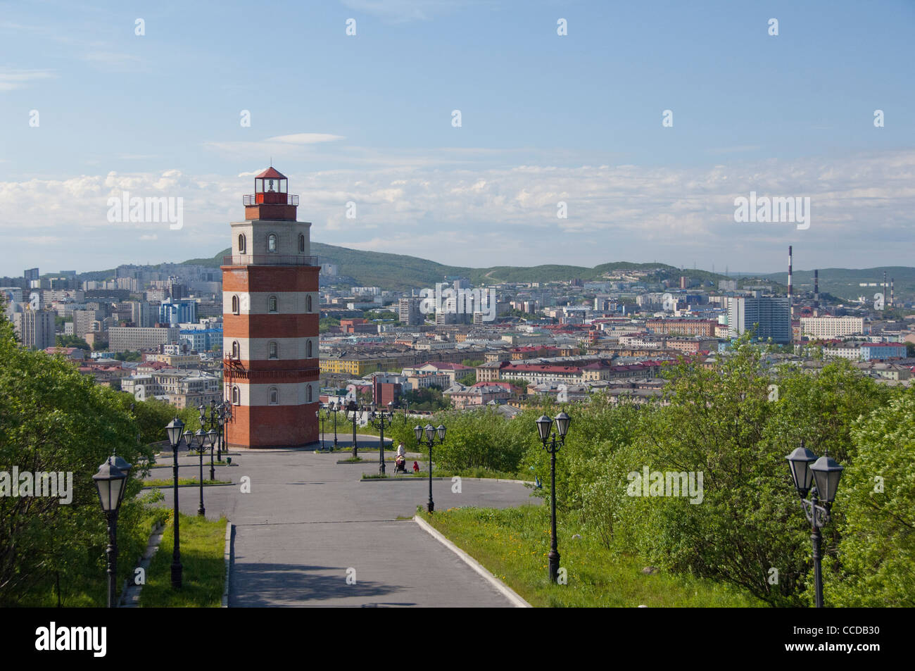 Russia, Murmansk. Largest city north of the Arctic Circle. Lighthouse ...
