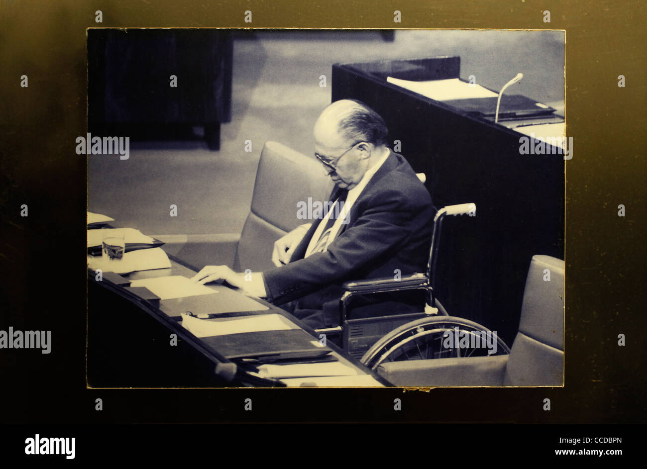 Photograph of Menachem Begin in the Israeli parliament displayed at ...