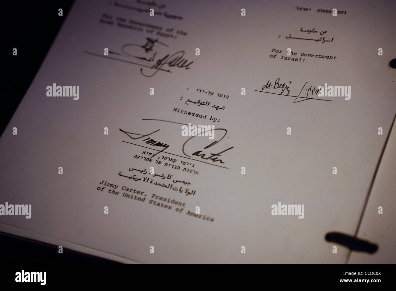 Copy of the signatory page of Egypt Israel peace agreement on display ...
