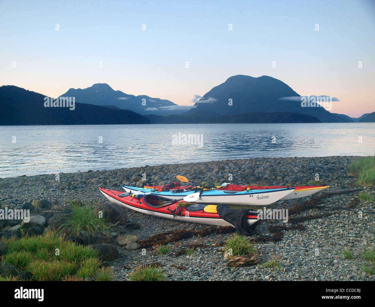 sea kayaks on the shore, Toba Inlet, British Columbia, Canada Stock ...