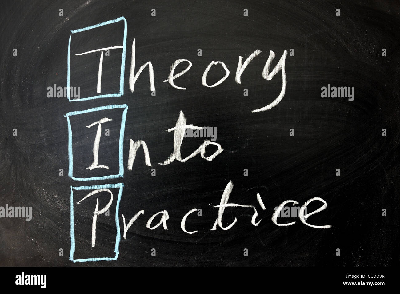 Chalkboard writing -Theory into practice Stock Photo - Alamy