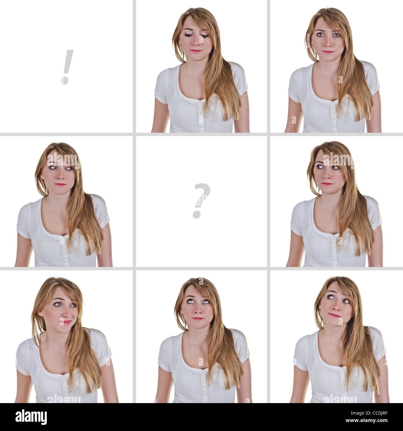 Woman looking in various directions, conceptual digital collage with ...