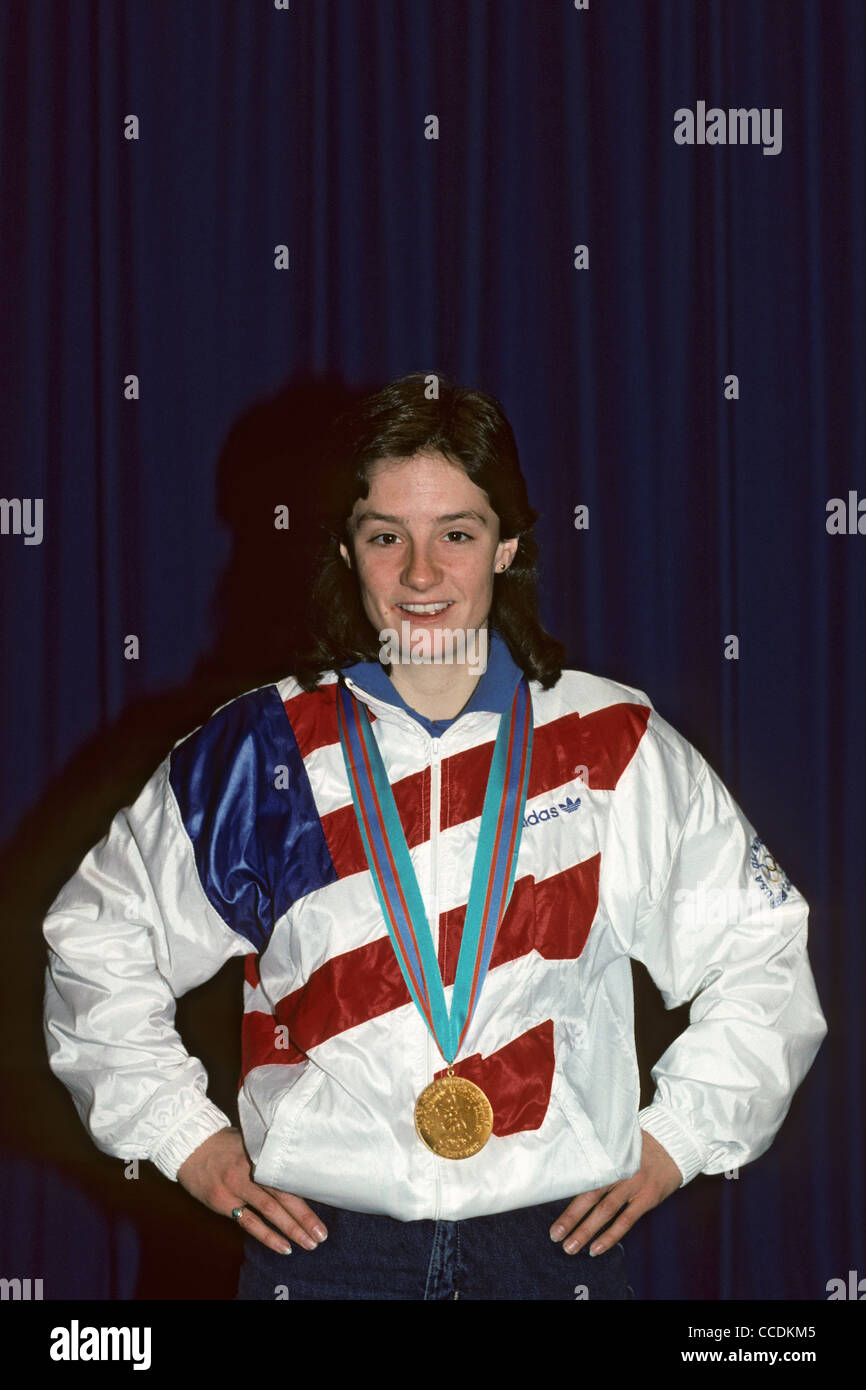Bonnie Blair USA with her gold medal at the 1988 Olympic Winter Games ...