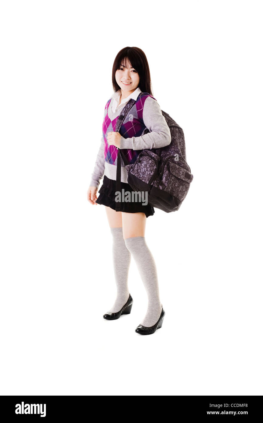 Female Chinese student with a backpack on a white background Stock ...