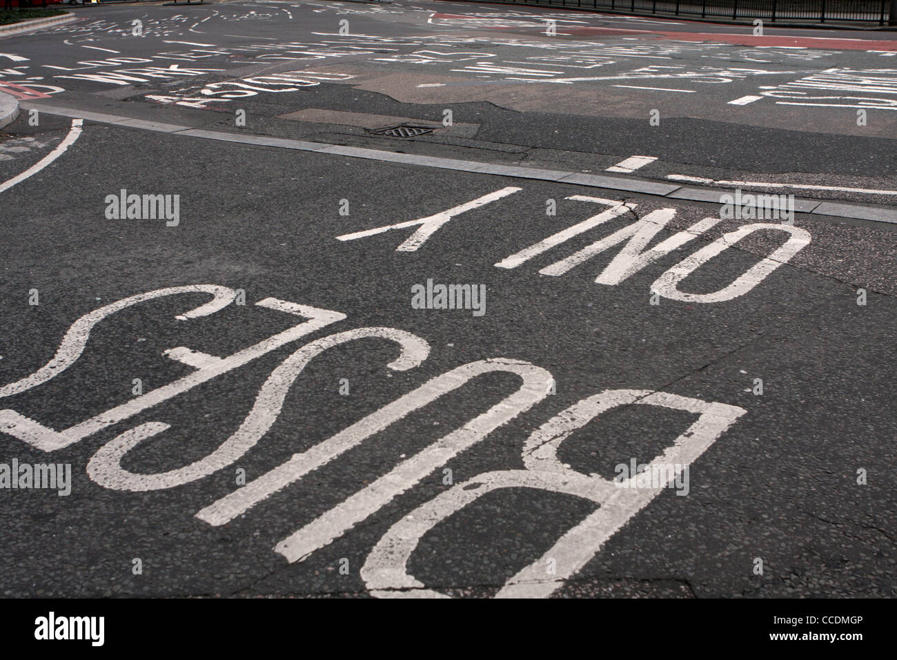 Lots of road signs painted on a road in London Stock Photo - Alamy