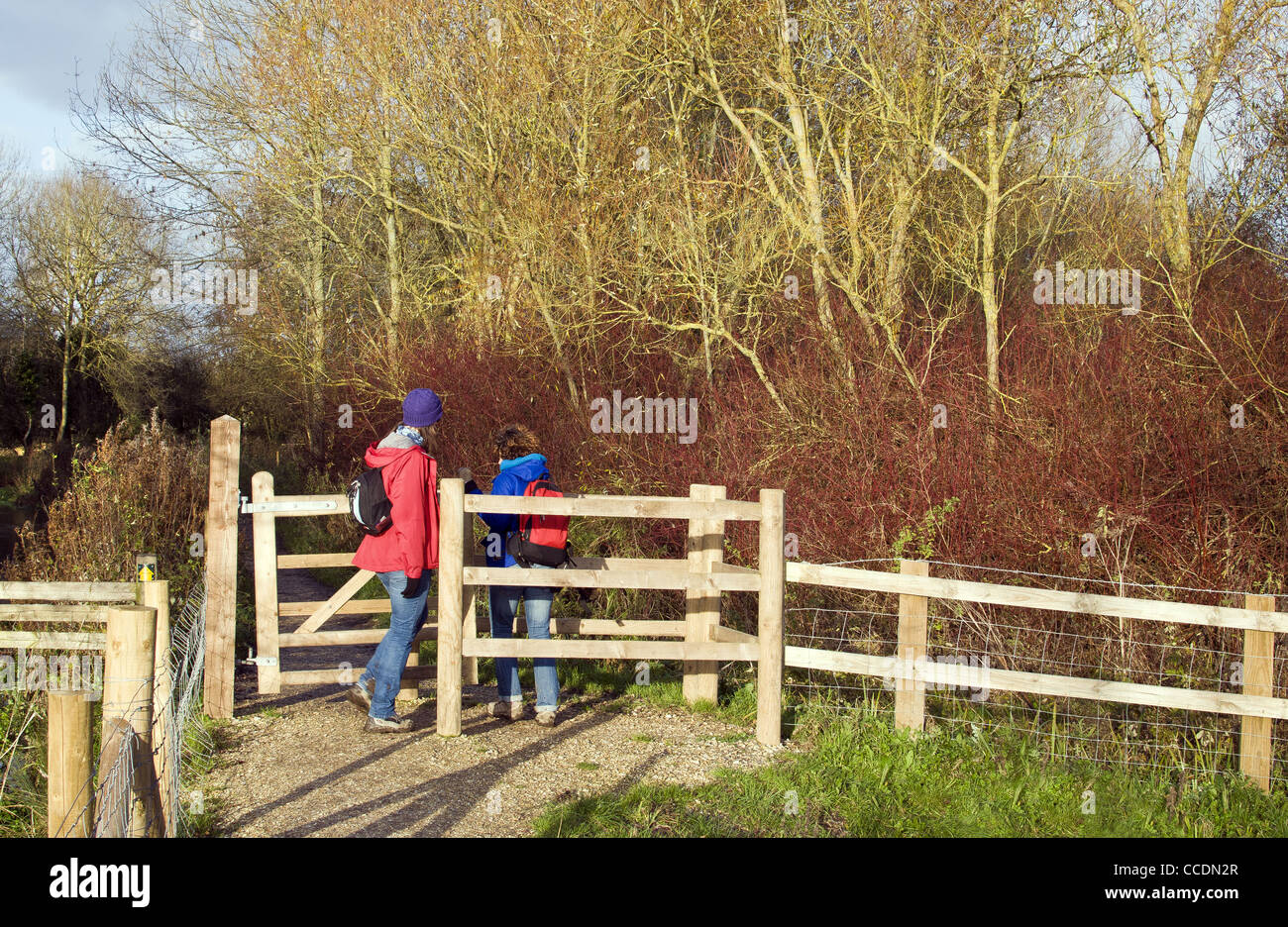 Walkers going through a wooden gate on the Itchen Navigation near ...