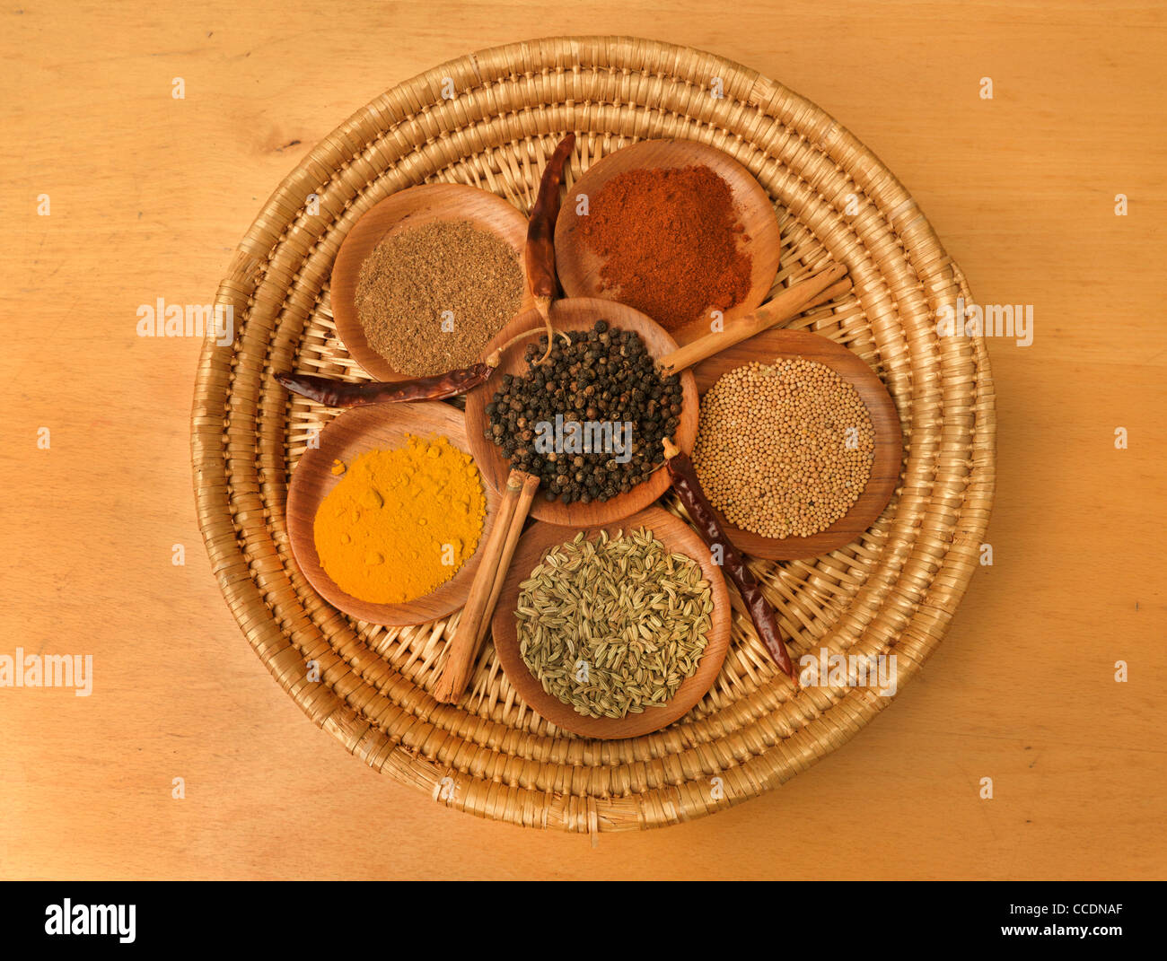 Collection Of Spices On Wooden Dishes In A Wicker Basket Stock Photo ...