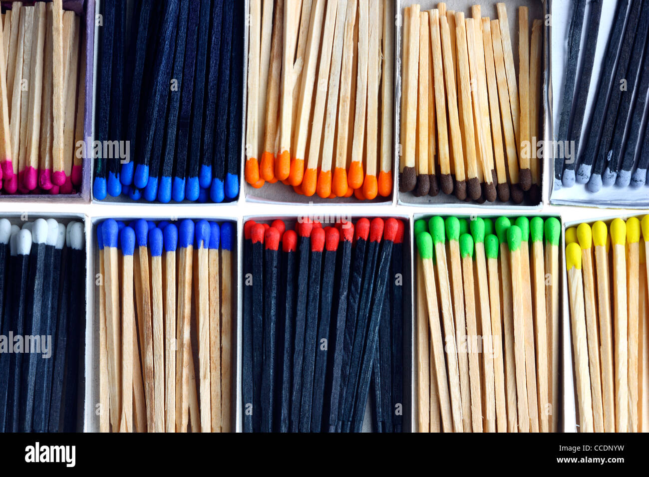 Matches, different colors and different sizes, forms, designs Stock ...