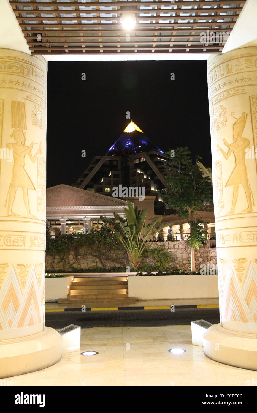 A view from the Wafi Mall in Dubai to the Raffles Hotel, shaped in a ...